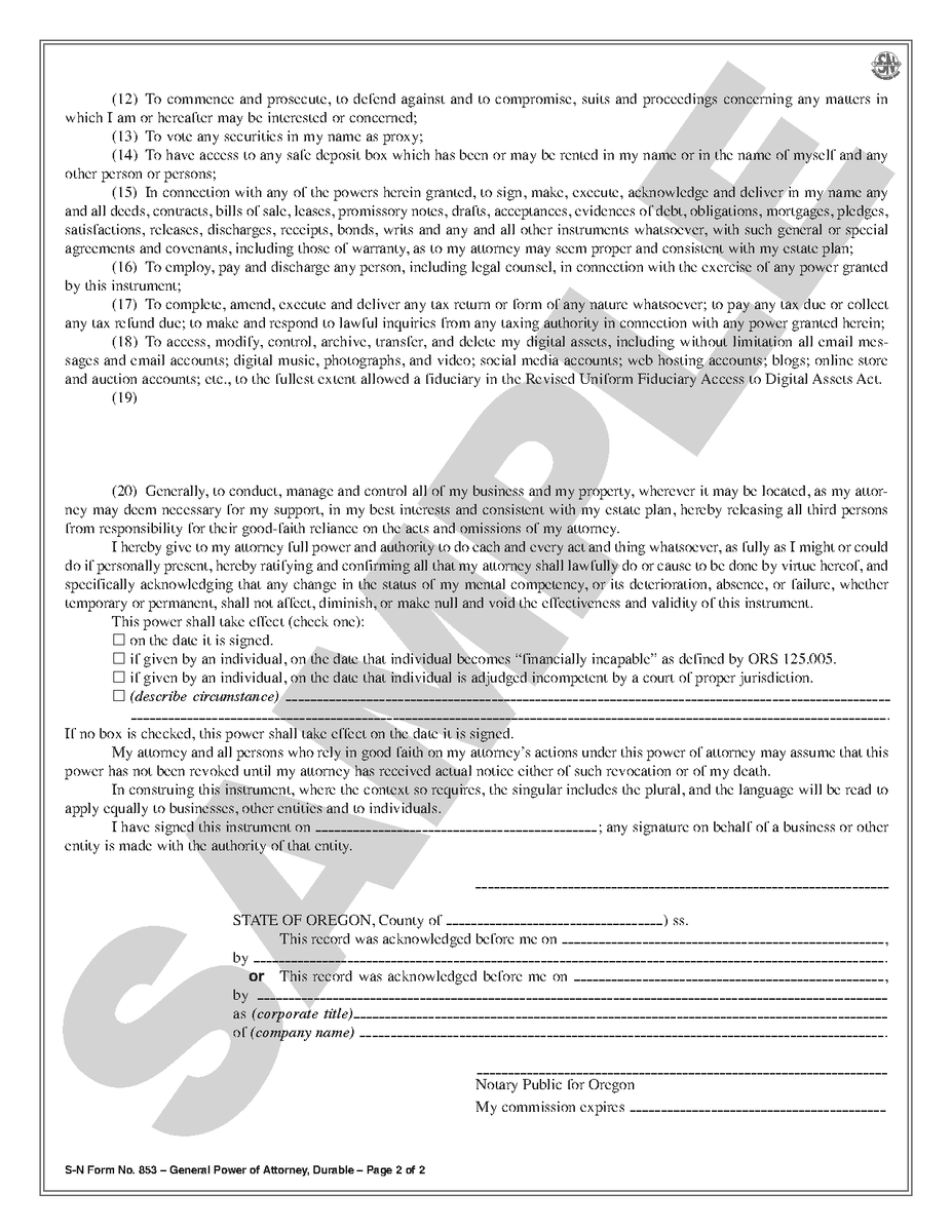 SN 853 General Power of Attorney – Durable (OR) – Stevens-Ness Law ...