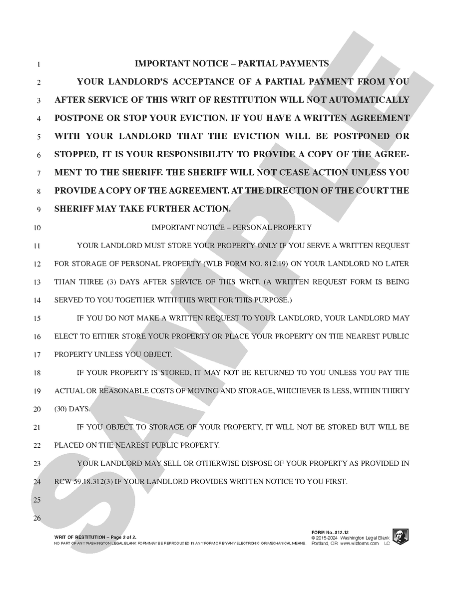 WA 812.13 Writ of Restitution (WA) – Stevens-Ness Law Publishing Co.