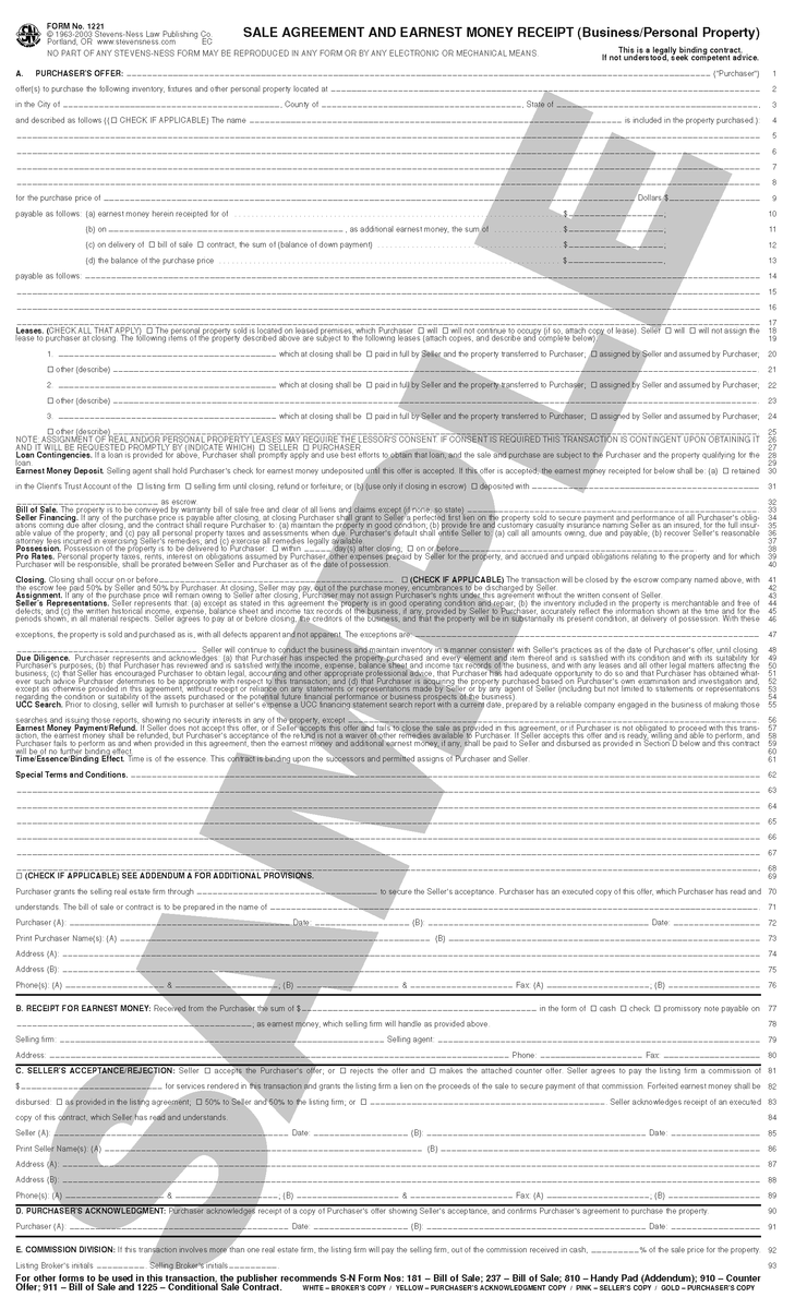 SN 1221 Sale Agreement and Earnest Money Receipt, Personal/Business Pr ...