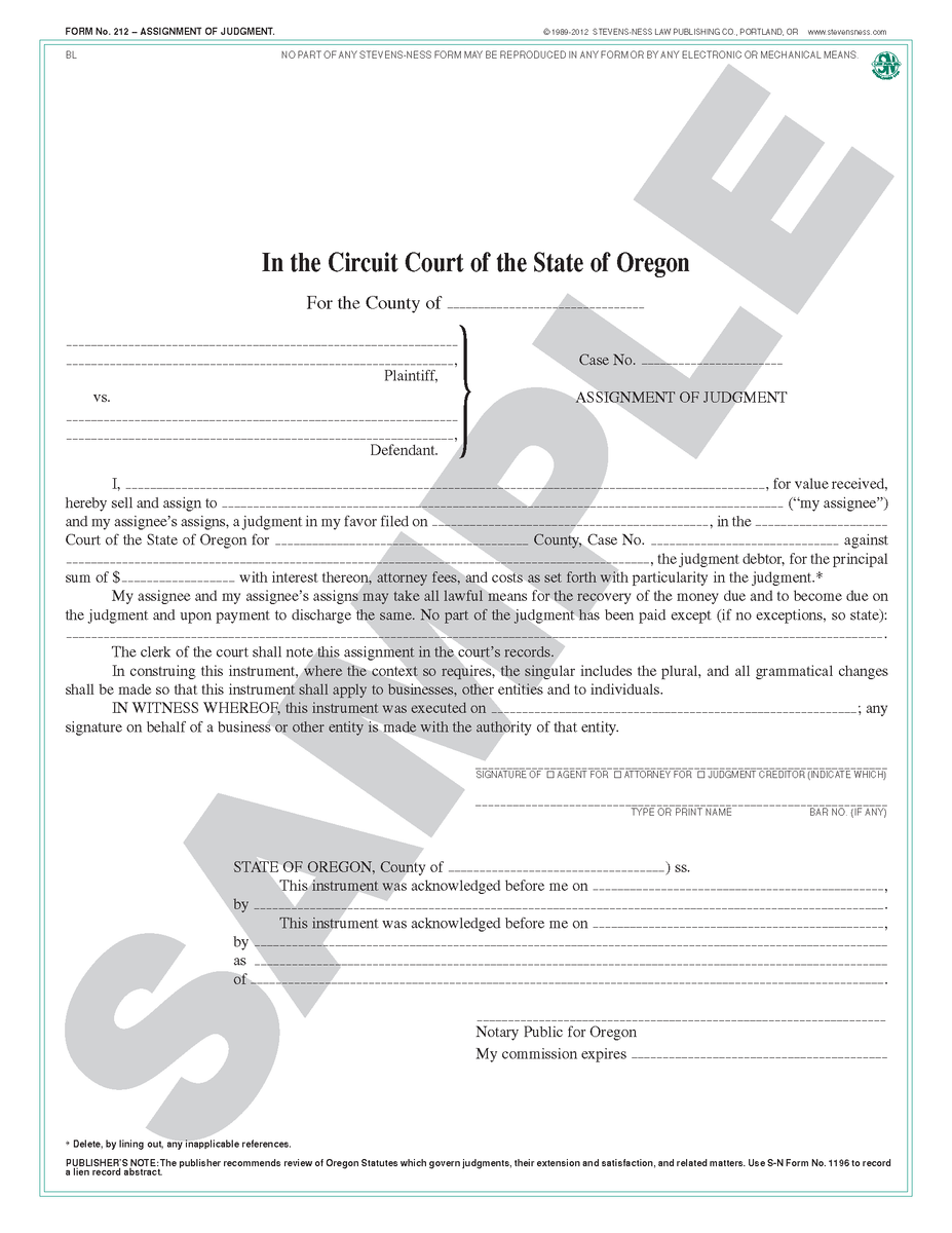 SN 212 Assignment of Judgment (OR) – Stevens-Ness Law Publishing Co.