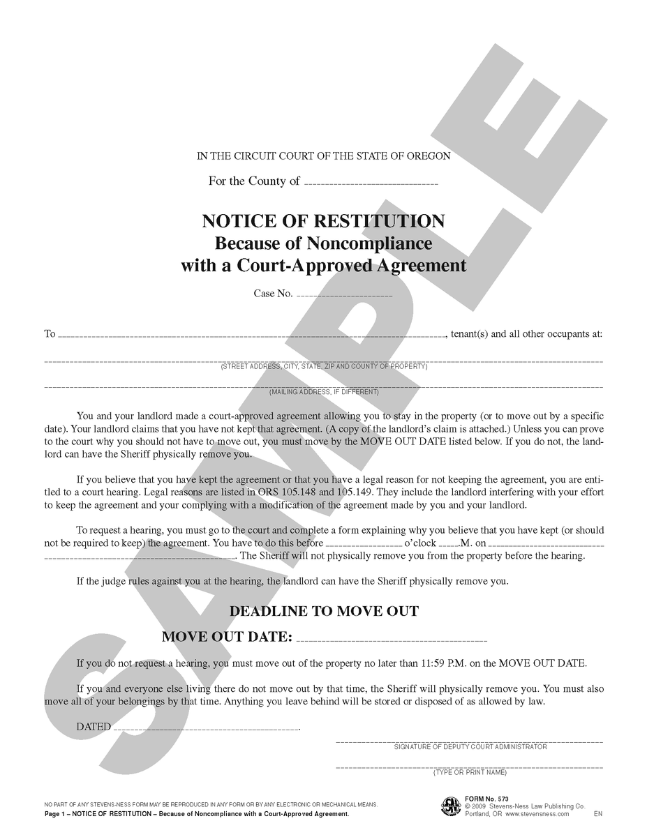 SN 573 Notice of Restitution, because of Noncompliance with a Court-Ap ...